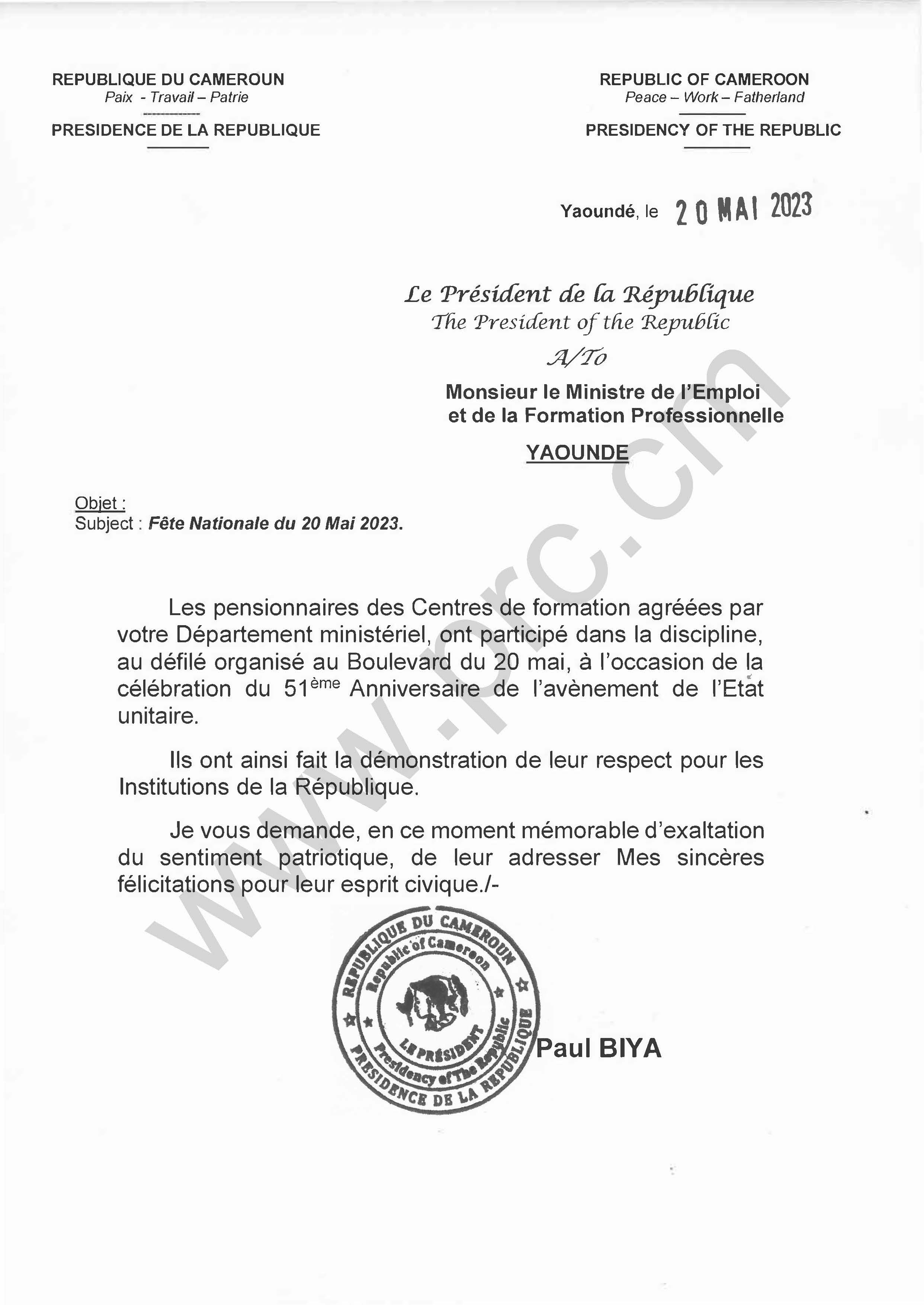 Message de félicitations du Chef de l’État à M. le Ministre de l'Emploi et de la Formation ...